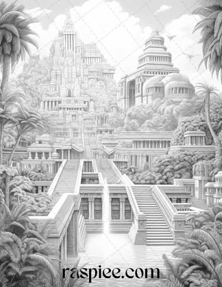 Hanging Gardens of Babylon Grayscale Coloring Pages Printable, PDF Fil ...