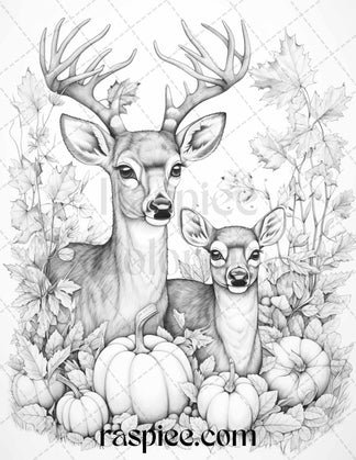 Autumn Animals Grayscale Coloring Pages for Adults and Kids, Printable ...