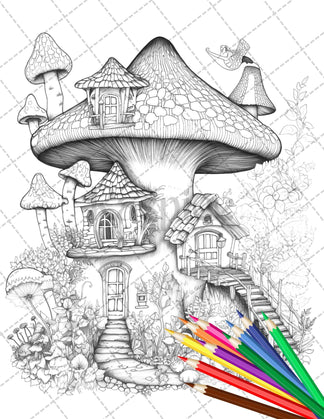 32 Whimsical Mushroom House Coloring Pages for Adults, Grayscale Color ...