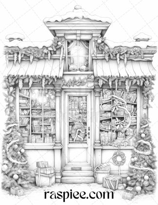 Christmas Store Front Grayscale Coloring Pages for Adults, PDF Printab ...