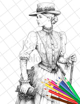 50 Victorian Fashion Grayscale Coloring Pages Printable for Adults, PD ...