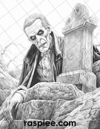 50 Count Dracula Grayscale Coloring Pages Printable for Adults, PDF Fi ...