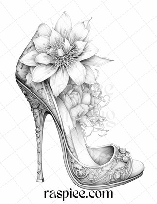 40 Flower Wedding Shoes Grayscale Coloring Pages Printable for Adults ...