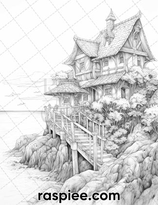 50 Fairy Beach Houses Grayscale Coloring Pages for Adults, Printable P ...