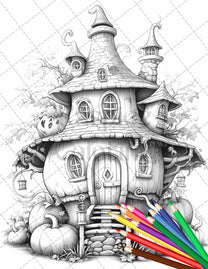 40 Pumpkin Fairy Houses Grayscale Coloring Pages Printable for Adults ...
