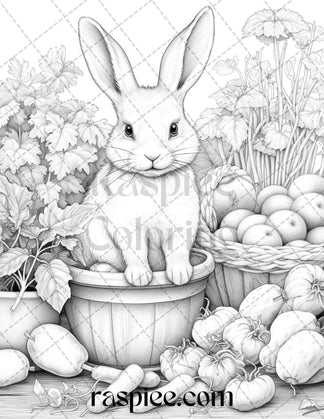 50 Rabbit Garden Grayscale Coloring Pages Printable for Adults, PDF Fi ...