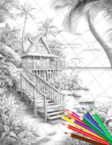 Beautiful Tropical Beach Grayscale Coloring Pages Printable for Adults ...