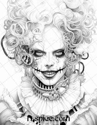 50 Scary Clown Girls Grayscale Coloring Pages Printable for Adults, PD ...