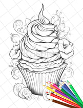 36 Sweet Desserts Coloring Pages Printable for Adults, Grayscale Color ...