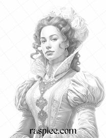 40 Baroque Women Portrait Grayscale Adult Coloring Pages Printable, PD ...