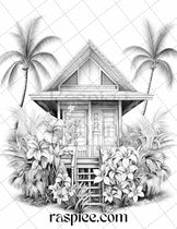 40 Hawaii Tiki Houses Grayscale Coloring Pages Printable for Adults, P ...