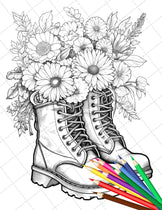32 Flower Boots Coloring Pages Printable for Adults, Floral Grayscale ...