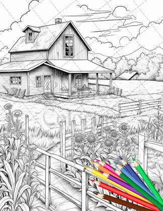 Charming Farmhouse Scenery Grayscale Coloring Pages Printable for Adul ...
