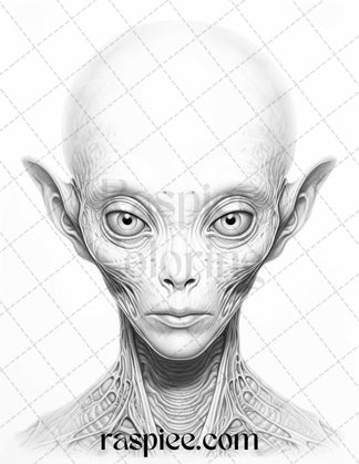 65 Alien Portrait Grayscale Coloring Pages for Adults, Printable PDF F ...