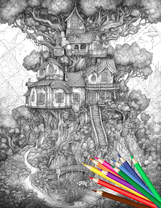 30 Fantasy Fairy Houses Coloring Page Book, Printable Adult Coloring P ...