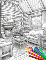 Cozy Cabin Interior Grayscale Coloring Pages Printable for Adults, PDF ...