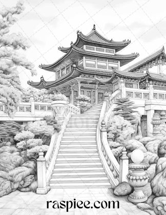 40 Traditional Chinese Houses Grayscale Coloring Pages Printable for A ...