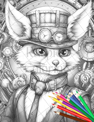 60 Steampunk Animals Grayscale Coloring Pages Printable for Adults, PD ...