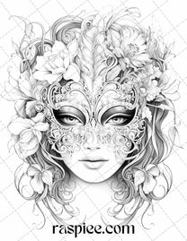 40 Masquerade Masks Grayscale Coloring Pages Printable for Adults, PDF ...