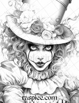 50 Scary Clown Girls Grayscale Coloring Pages Printable for Adults, PD ...