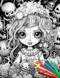 50 Ghoulish Girls Grayscale Coloring Pages Printable for Adults, PDF F ...