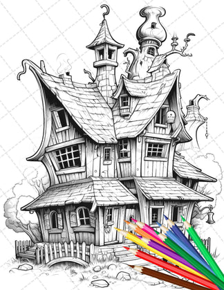 32 Spooky Houses Coloring Pages Printable for Adults, Grayscale Colori ...