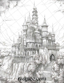 50 Haunted Castles Grayscale Coloring Pages Printable, Halloween Color ...