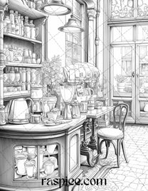 50 Cozy Coffee Shop Grayscale Coloring Pages Printable for Adults, PDF ...