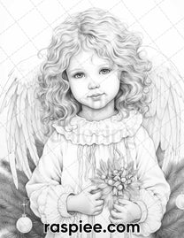 55 Christmas Angel Grayscale Coloring Pages for Adults, Printable PDF ...