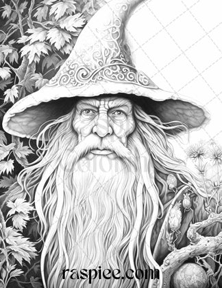 50 Magical Wizard Grayscale Coloring Pages for Adults, Printable PDF F ...