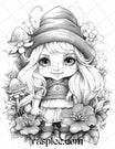 50 Flower Gnomes Grayscale Coloring Pages Printable for Adults Kids, P ...