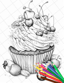 36 Sweet Desserts Coloring Pages Printable for Adults, Grayscale Color ...