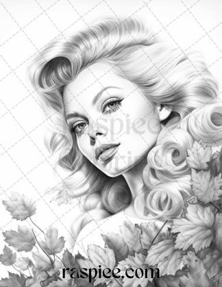55 Autumn Pin Up Girls Grayscale Coloring Pages Printable for Adults ...