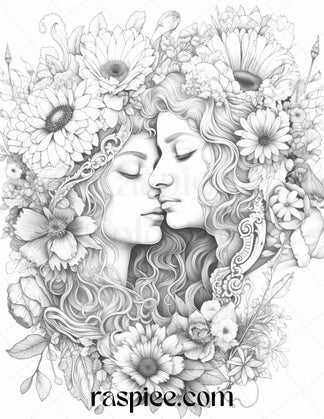 50 Romantic Couple Flowers Grayscale Coloring Pages Printable for Adul ...