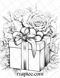 40 Flower Gift Box Grayscale Coloring Pages Printable for Adults Kids ...