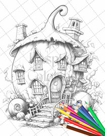 40 Pumpkin Fairy Houses Grayscale Coloring Pages Printable for Adults ...