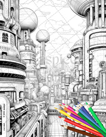 50 Futuristic Metropolis Grayscale Coloring Pages Printable for Adults ...