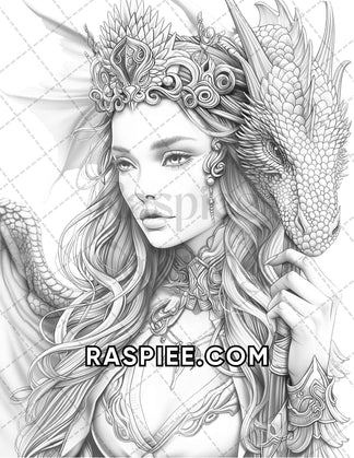 60 Fantasy Beauties Grayscale Adult Coloring Pages Printable PDF Insta ...