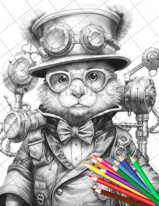 60 Steampunk Animals Grayscale Coloring Pages Printable for Adults, PD ...