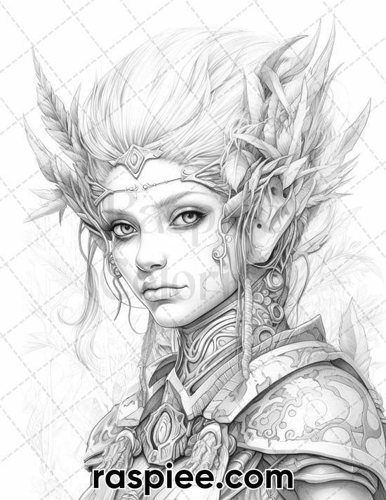 50 Fantasy Forest Elves Grayscale Coloring Pages for Adults, Printable ...