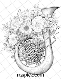 30 Musical Instrument Flower Grayscale Coloring Pages Printable for Ad ...