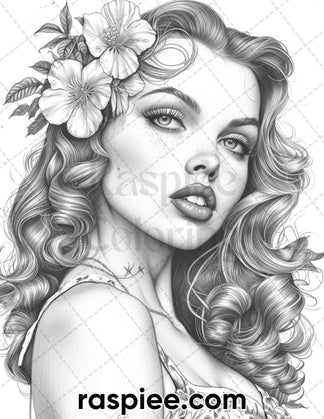 50 Vintage Spring Pin Up Girls Grayscale Adult Coloring Pages, Printab ...