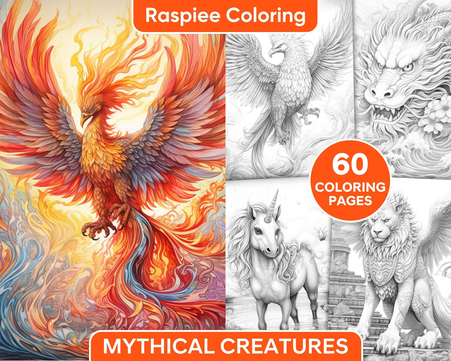 60 Mythical Creatures Grayscale Coloring Pages for Adults, Printable P