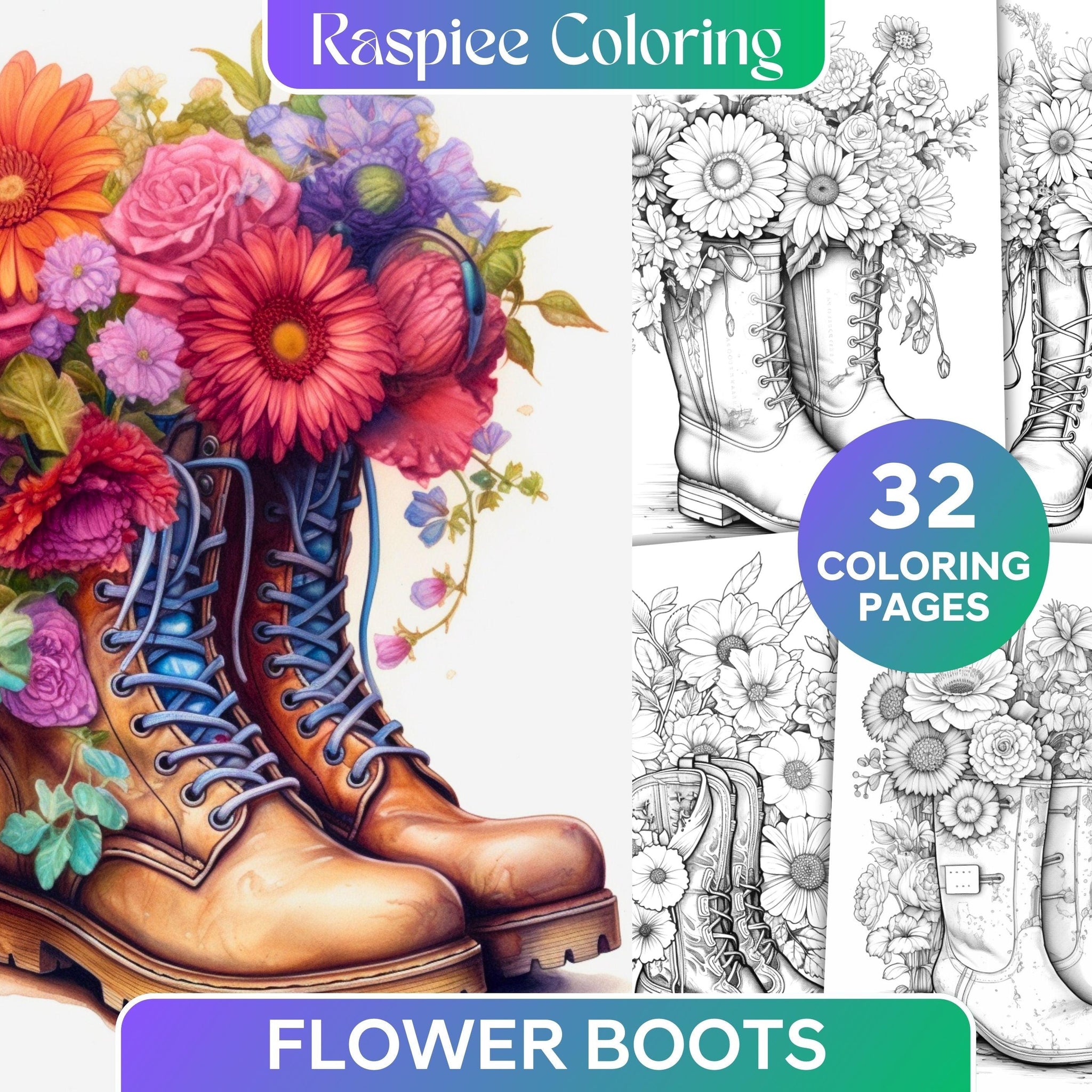32 Flower Boots Coloring Pages Printable for Adults, Floral Grayscale