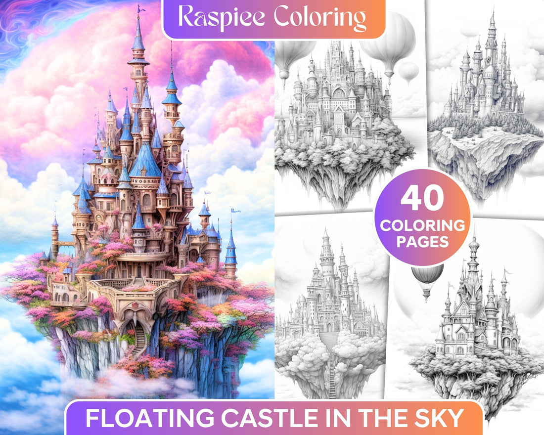 Floating Castle in the Sky Grayscale Coloring Pages for Adults, Printa