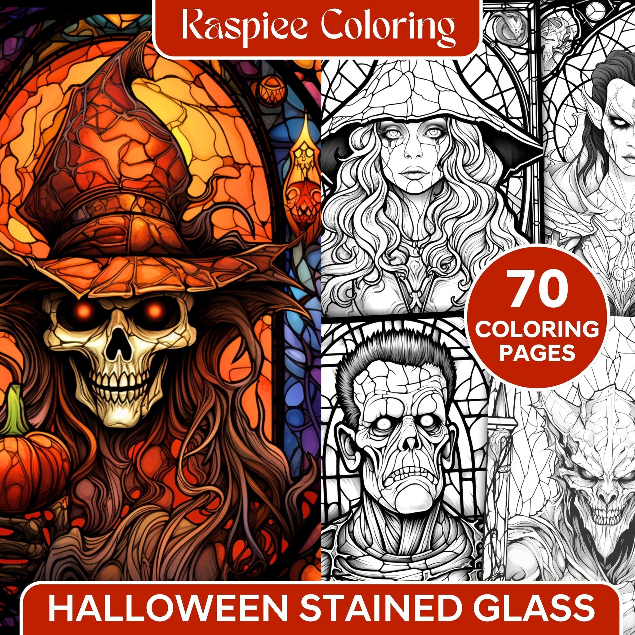 70 Halloween Stained Glass Grayscale Coloring Pages Printable for Adul