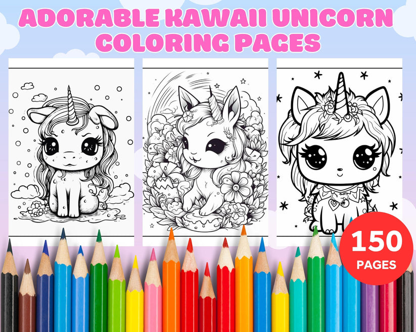 150 Adorable Kawaii Unicorn Printable Coloring Pages for Kids, Printab ...
