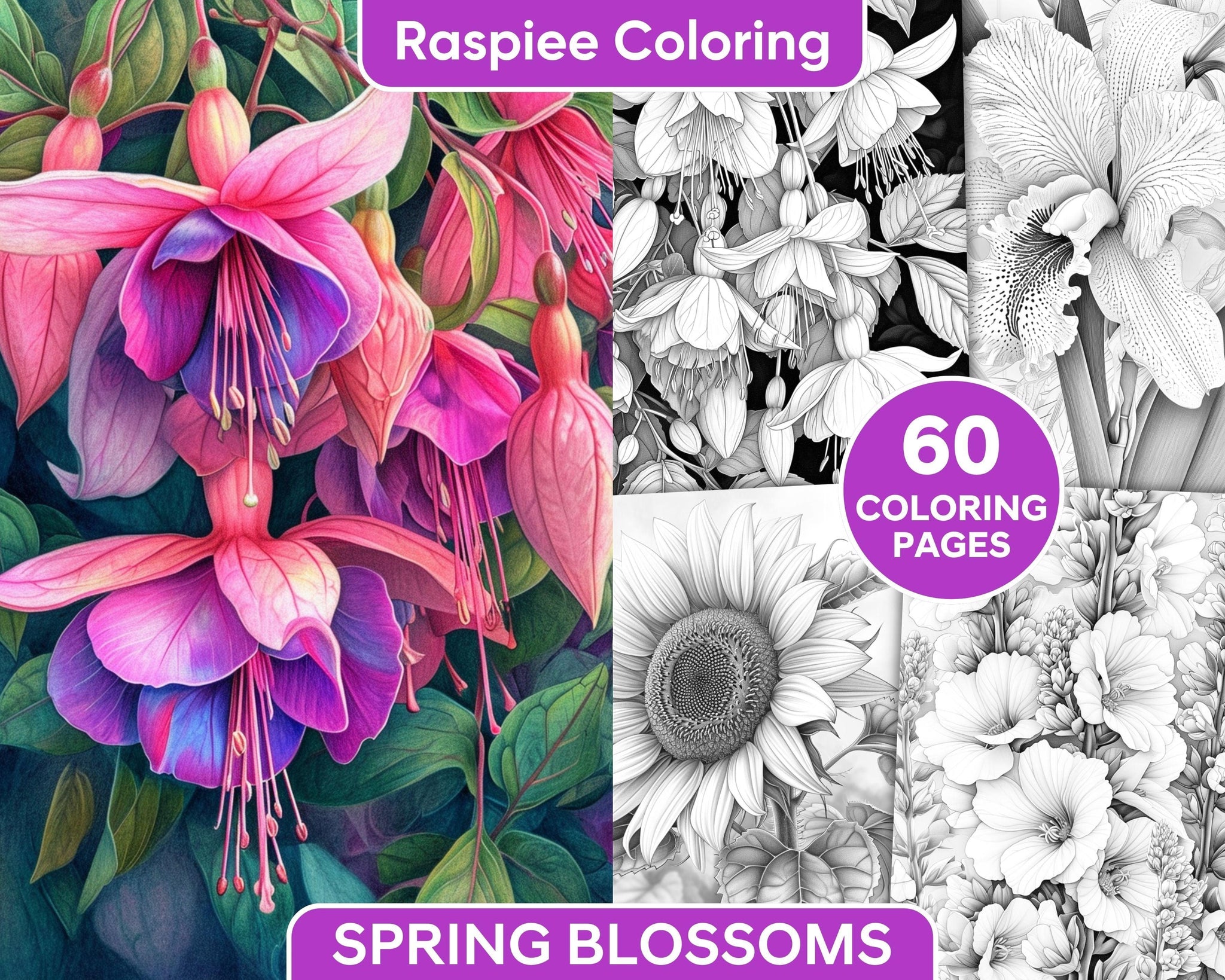 60 Spring Blossoms Grayscale Adult Coloring Pages, Printable PDF Insta ...