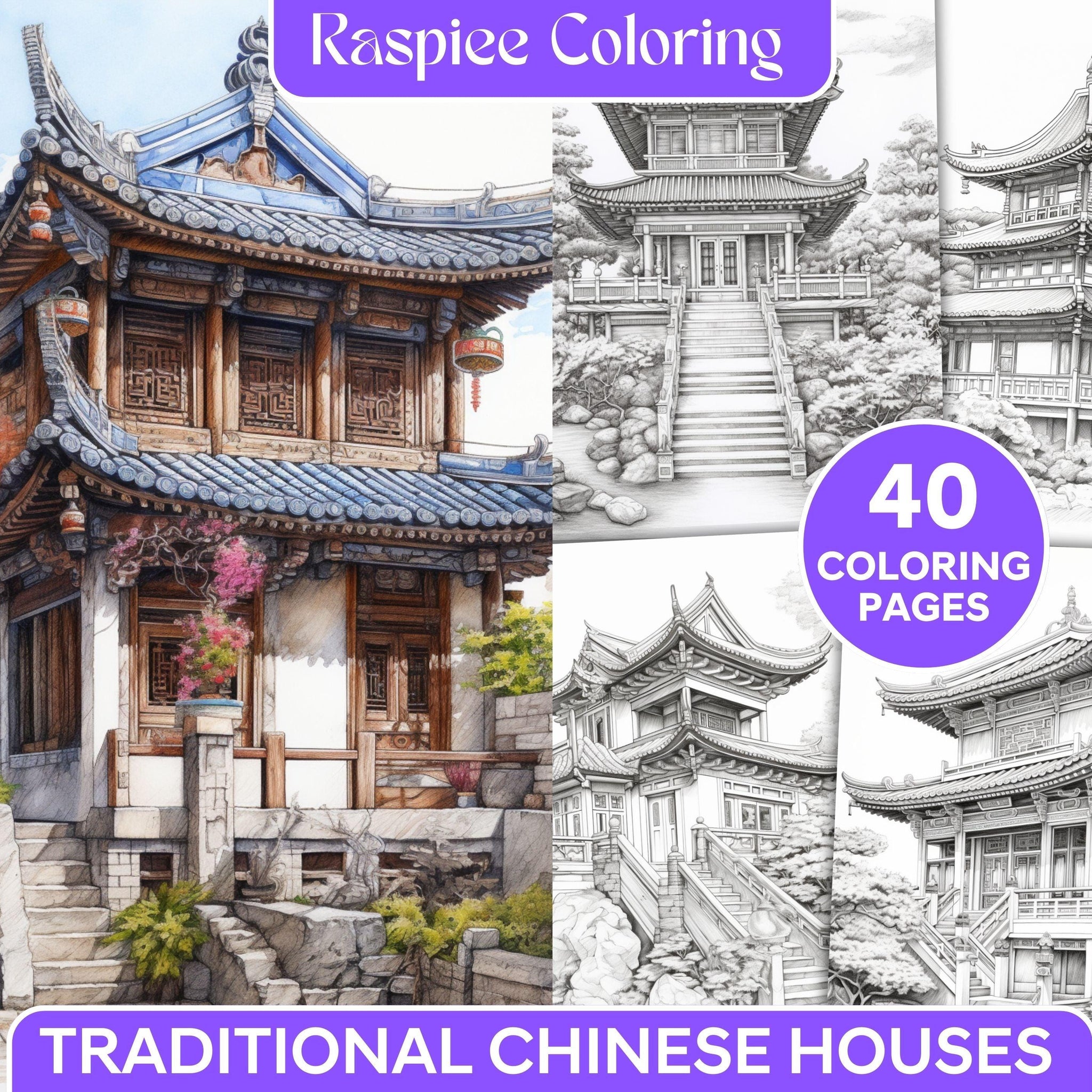40 Traditional Chinese Houses Grayscale Coloring Pages Printable for A