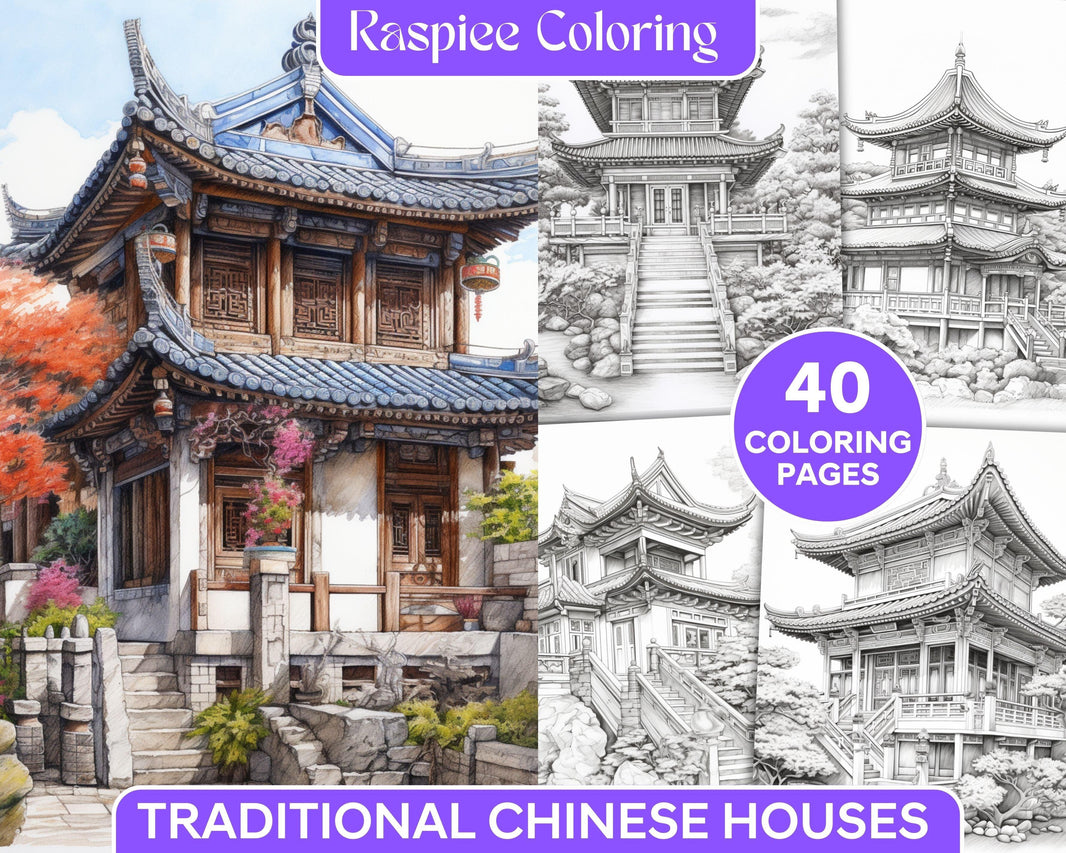 40 Traditional Chinese Houses Grayscale Coloring Pages Printable for A